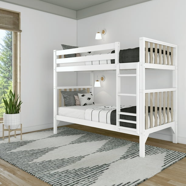 Max & Lily Bunk Bed, Scandinavian Wooden Twin Over Twin Bunk Beds for Kids, White/Blonde ...