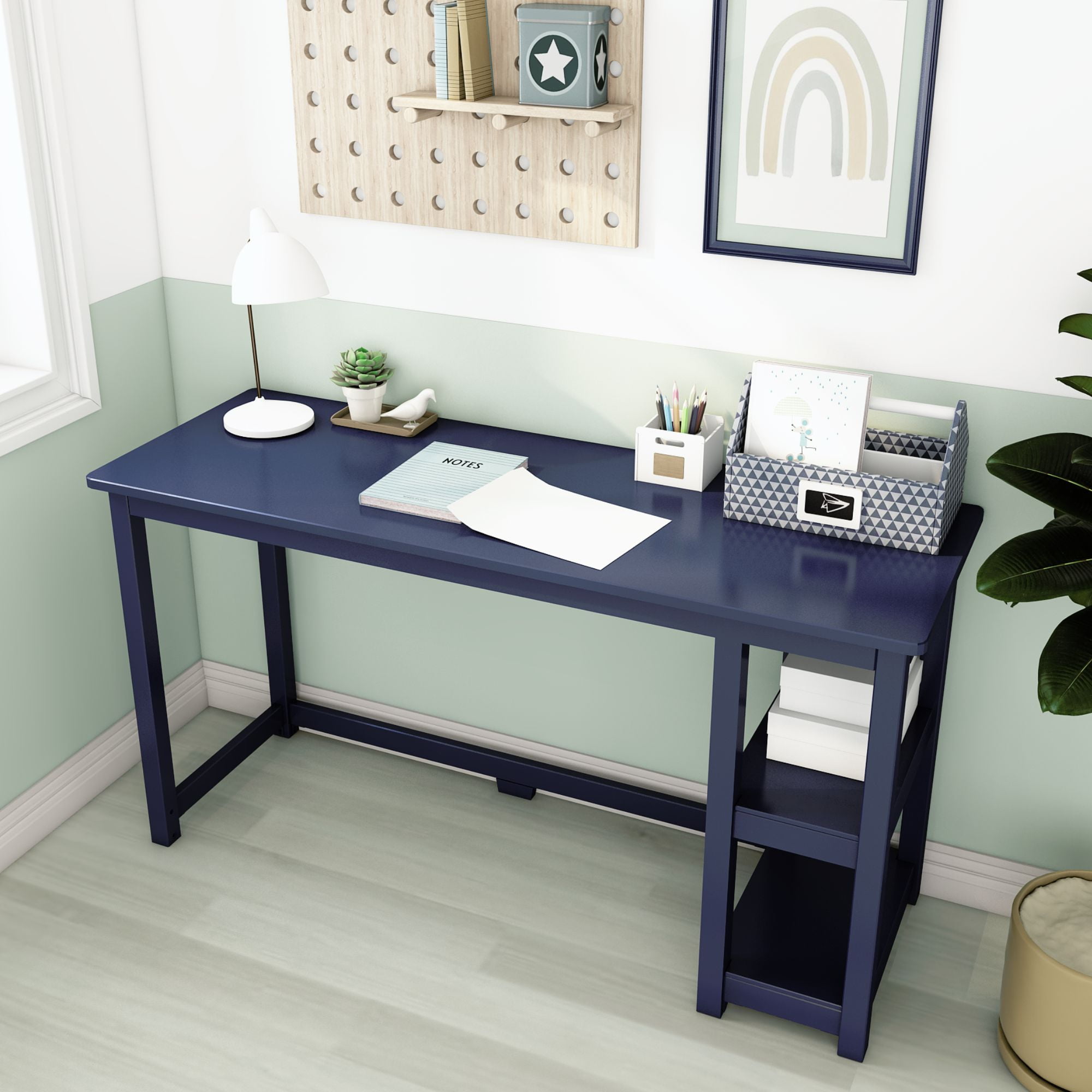 Max Lily Desk With Bookshelves for Home Office Computer Gaming 55 Inches Blue
