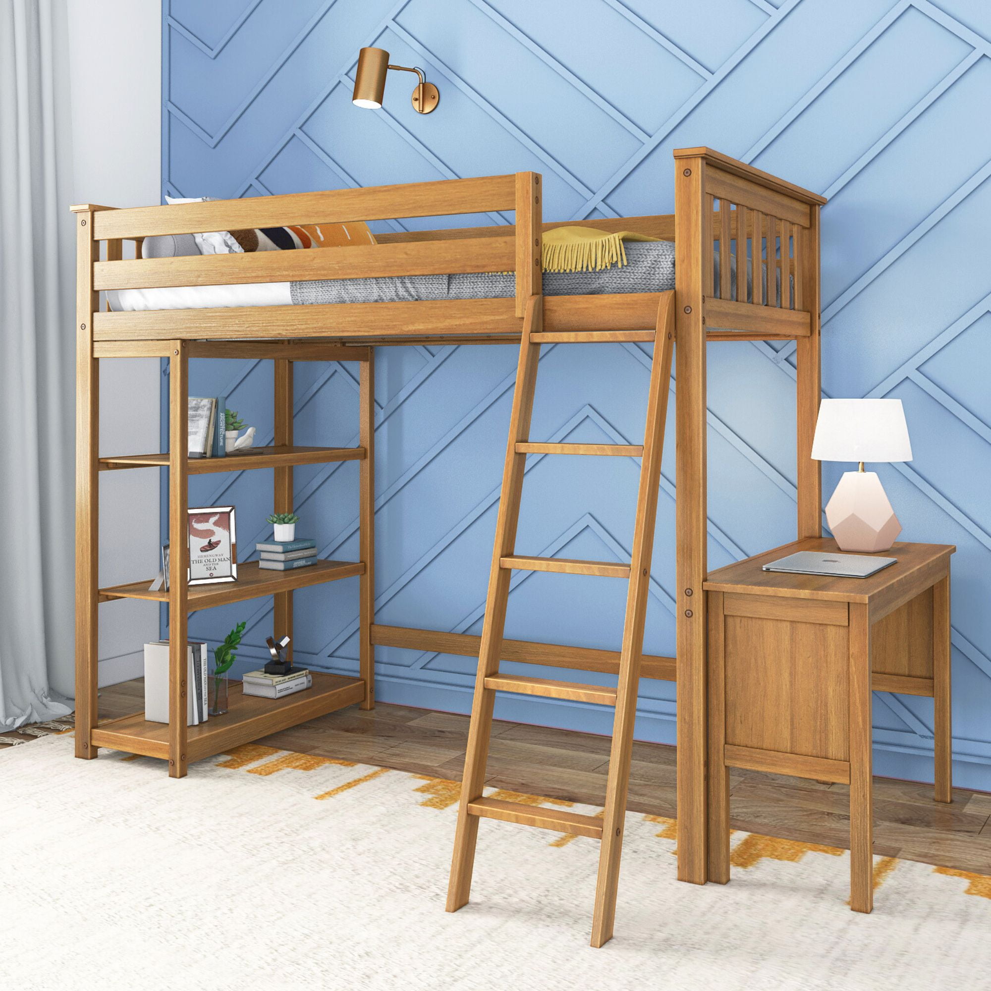 Max Lily Loft Bed Solid Wood Twin High Loft Bed with Bookcase and Desk for Kids Pecan Walmart