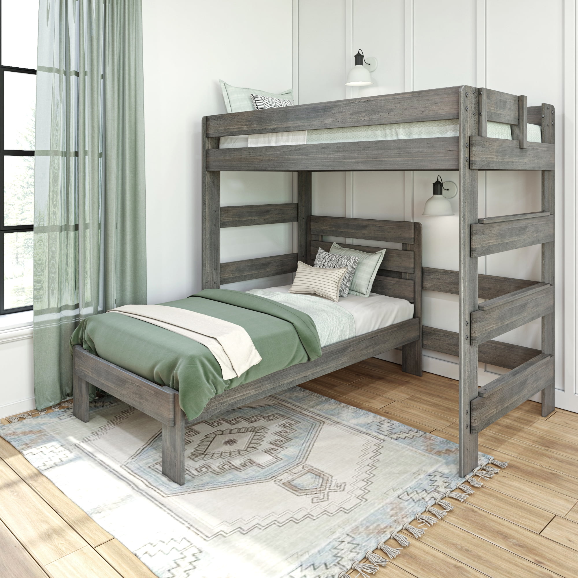 Max & Lily Modern Farmhouse Bunk Bed, L-Shaped Twin Over Twin Bed Frame ...