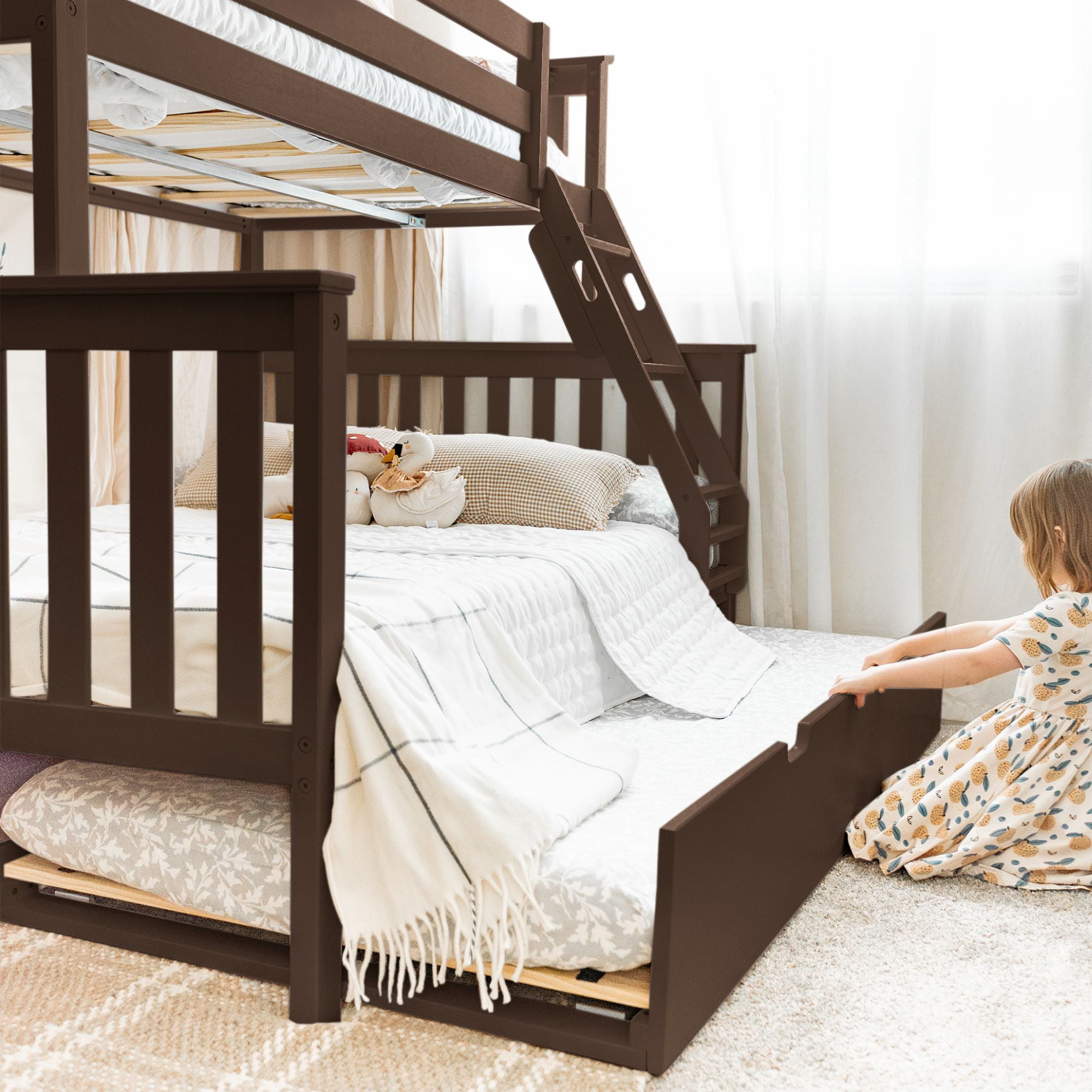 Max & Lily Solid Wood Bunk Bed, Twin over Full with Storage Trundle and Ladder for Kids ...