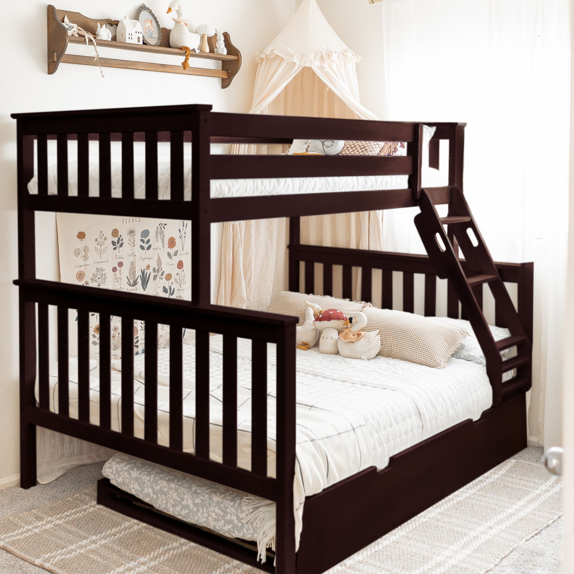 Maxwood Furniture, Inc. Max and Lily Twin over Full Bunk Bed with Trundle Bed Espresso - Walmart.com