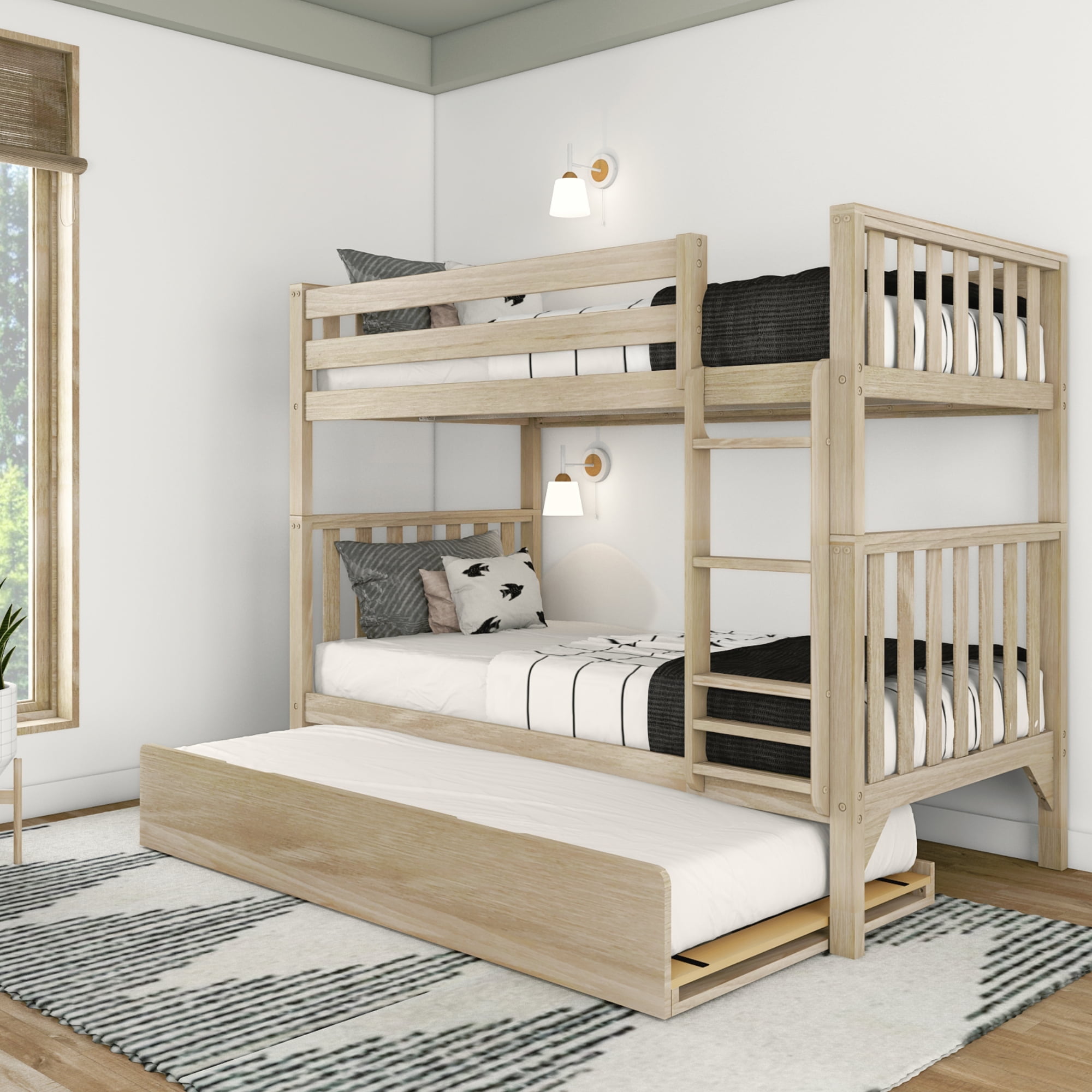Max & Lily Solid Wood Scandinavian Twin Bunk Bed with Storage Trundle, Blonde - Walmart.com