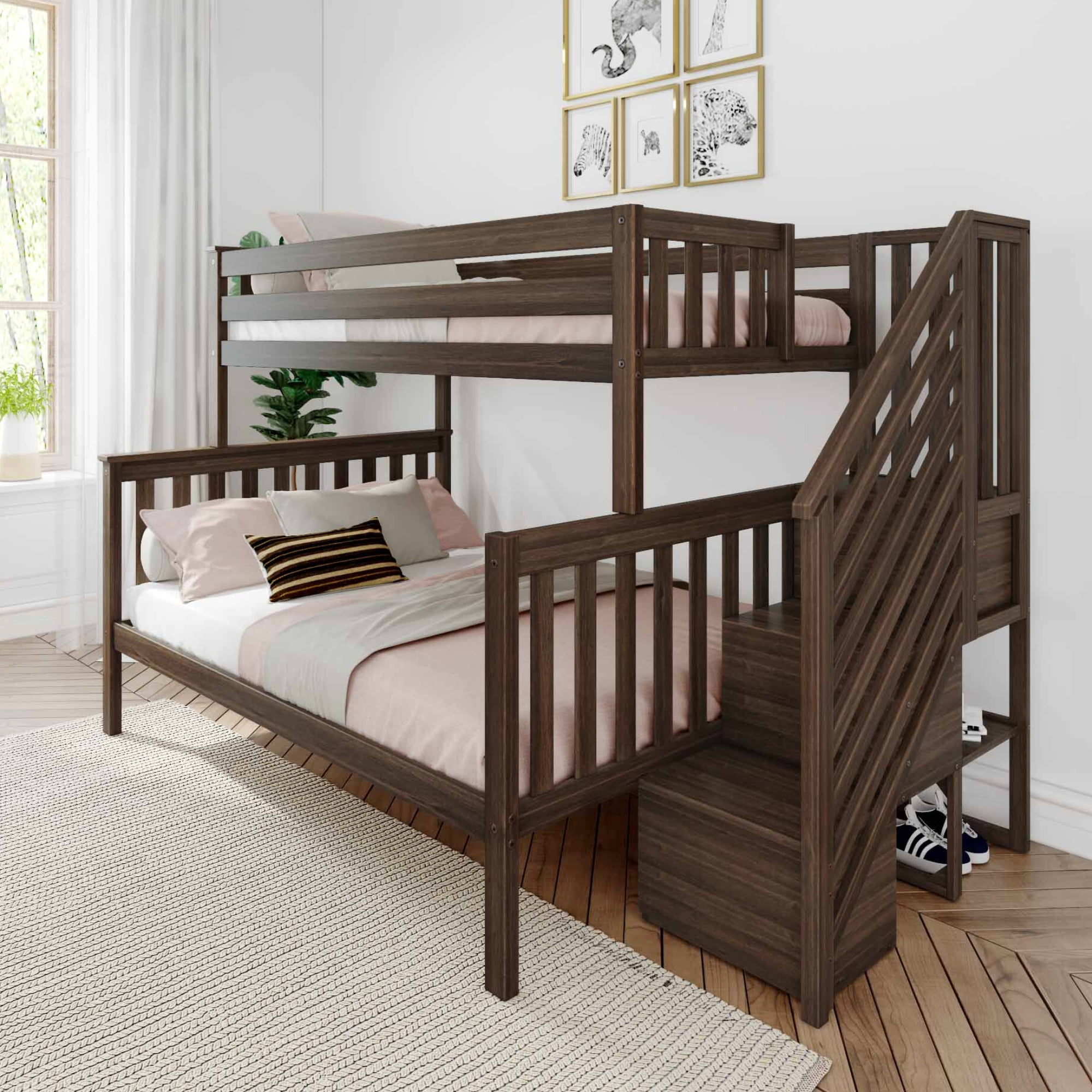 Max & Lily Solid Wood Twin over Full with Staircase for Kids, Walnut ...