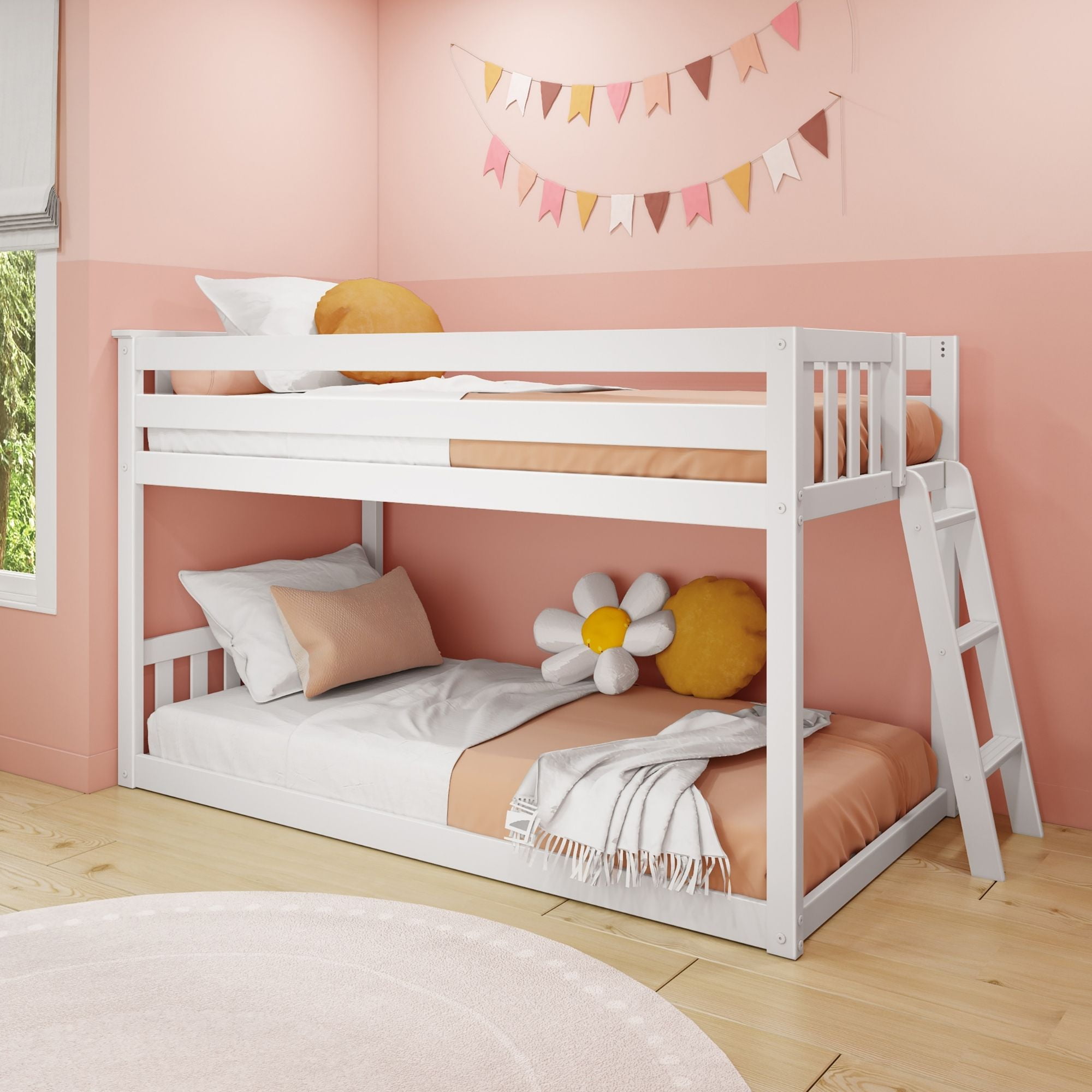 Max & Lily Solid Wood Twin Bunk Beds for Small Rooms, Low Bottom, White ...