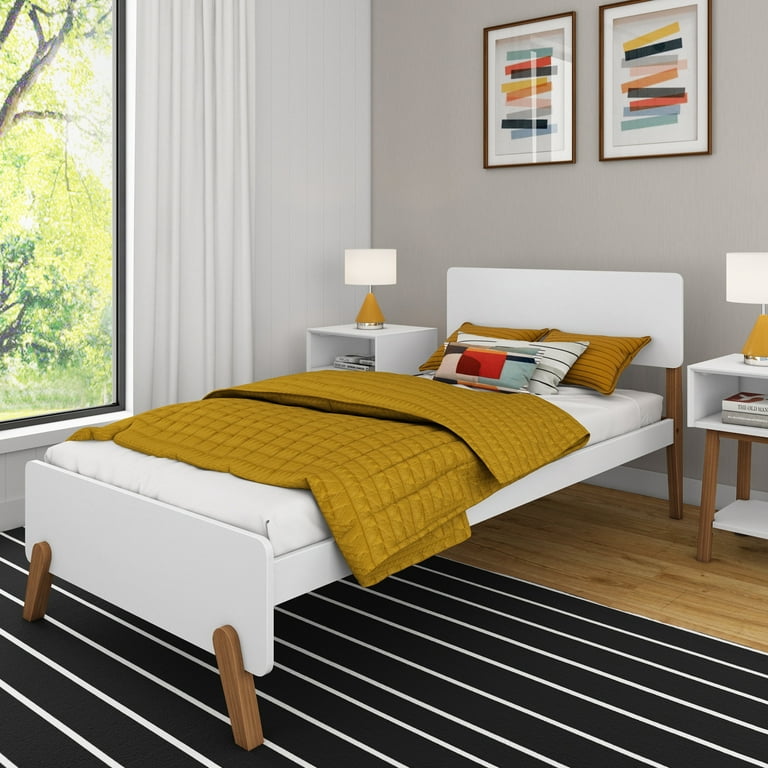 Max Lily Mid Century Modern Twin Platform Bed for Kids Solid Wood White Pecan