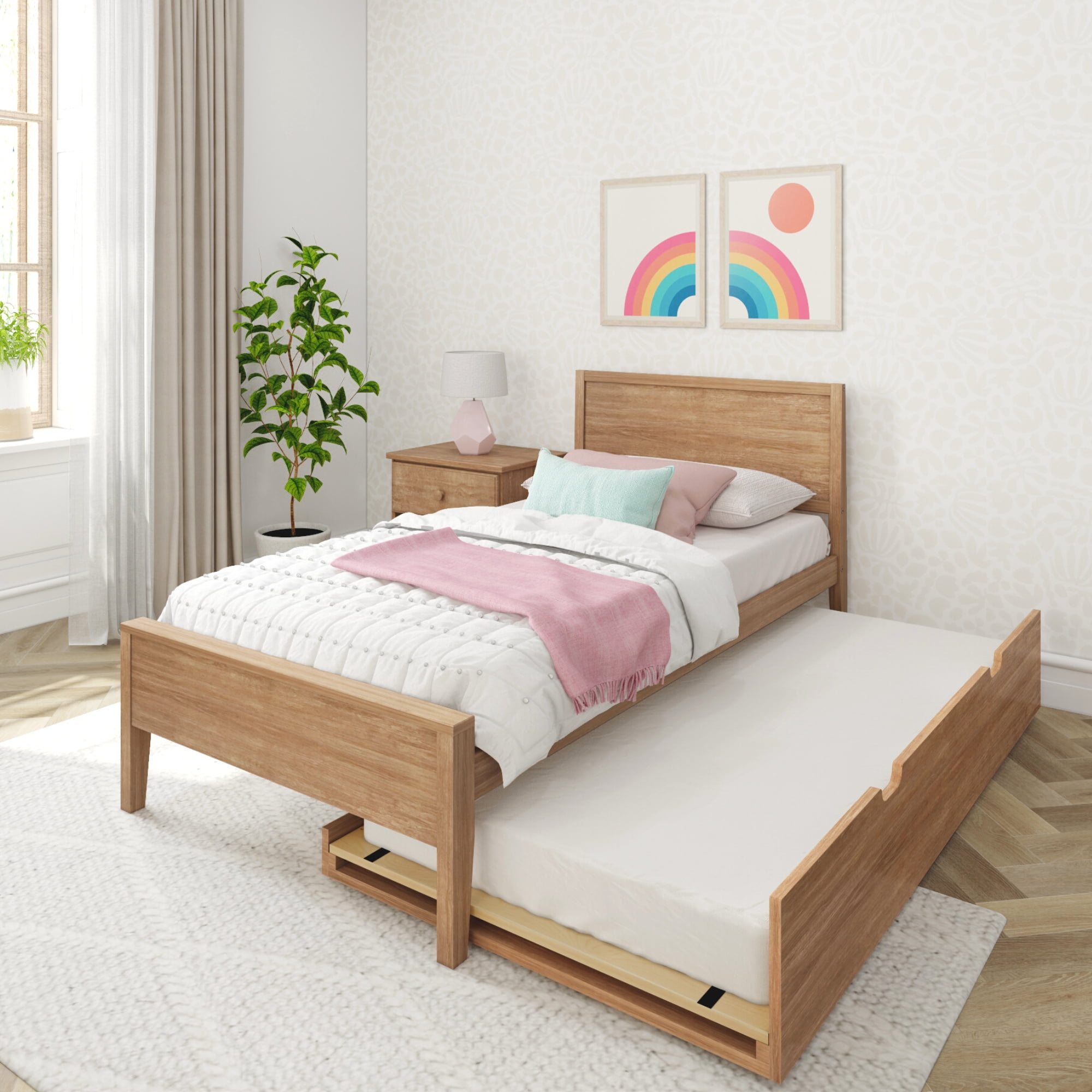 Max & Lily Twin Bed with Trundle, Classic Solid Wood Platform Bed with ...