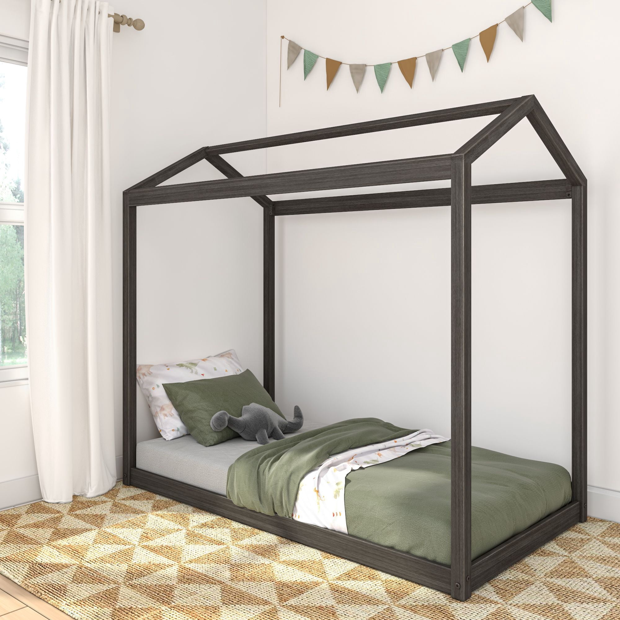 Max & Lily Twin Size Solid Wood House Bed Frame with Roof for Kids ...