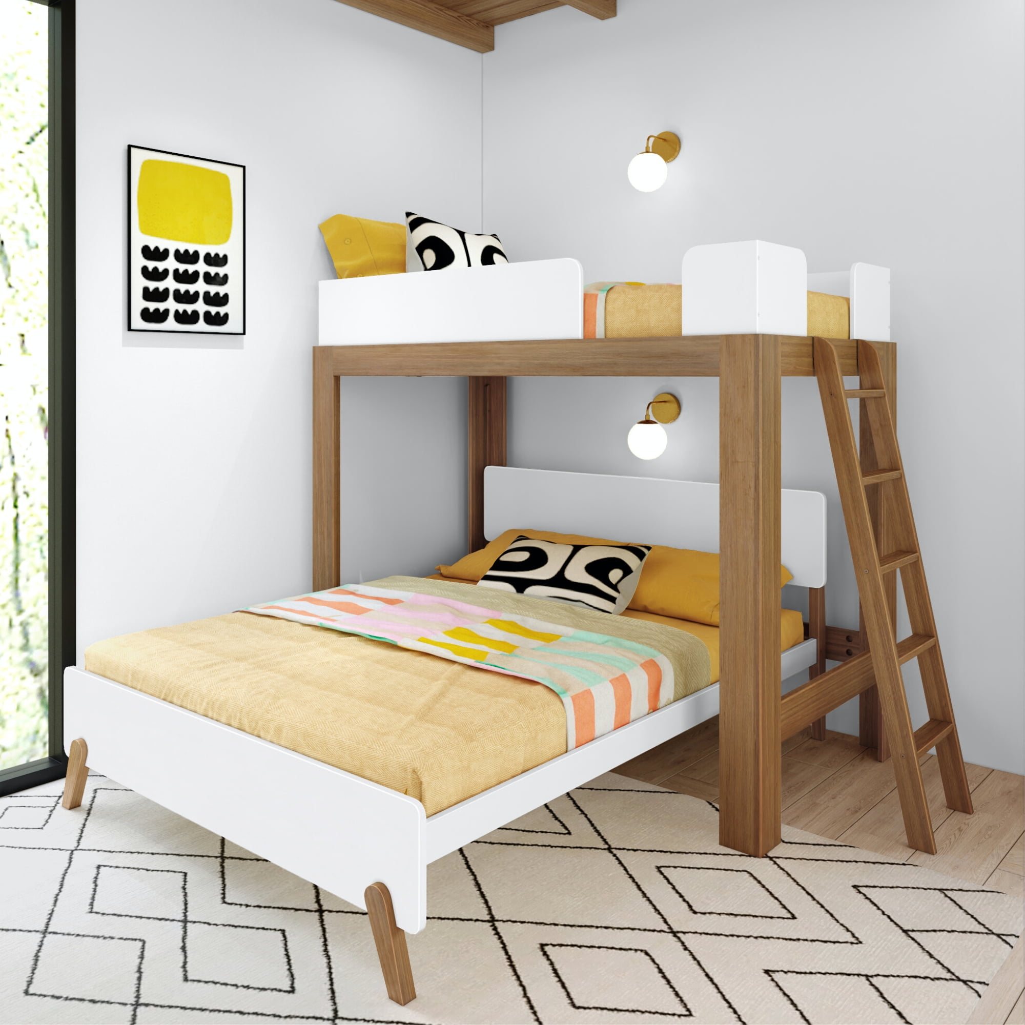 Max & Lily Mid-Century Modern Twin over Queen L-Shaped Bunk Bed, Solid ...