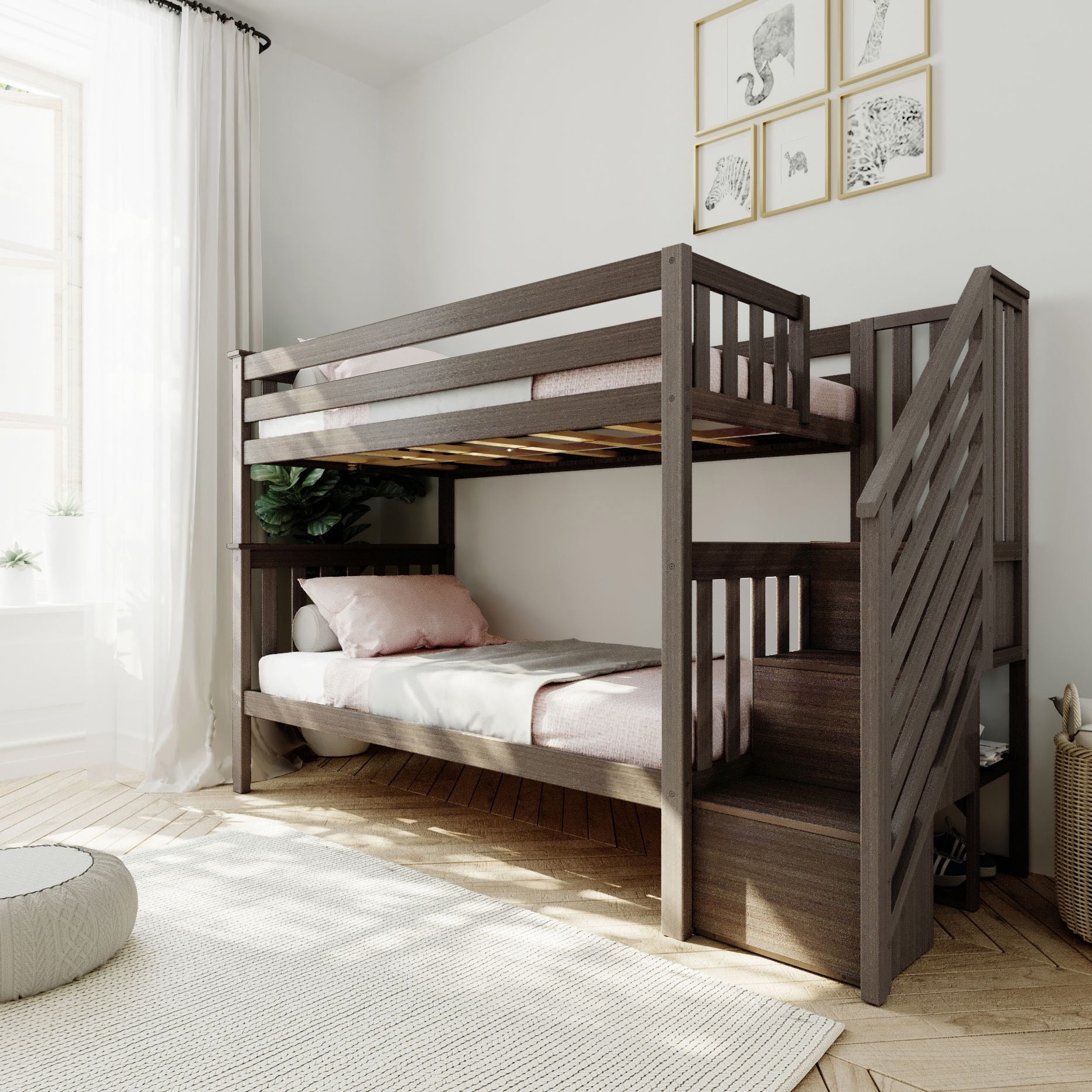 Max & Lily Twin over Twin Bunk Bed with Storage & Shelves Underneath ...