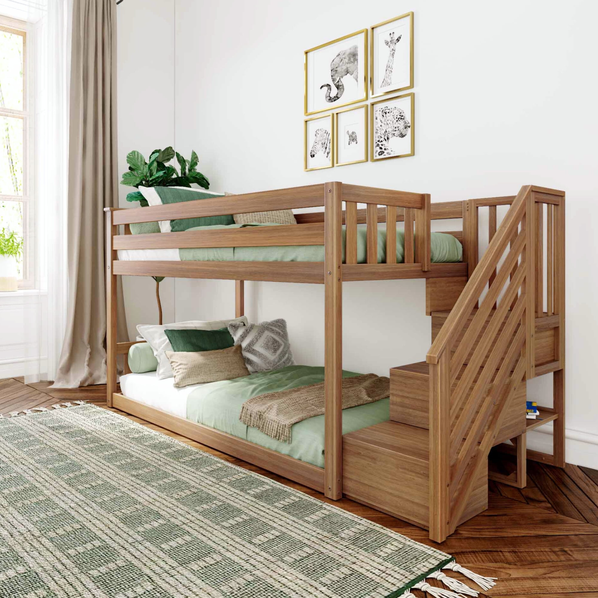 Max & Lily Wooden Twin over Twin Low Bunk Bed for Kids with Staircase ...