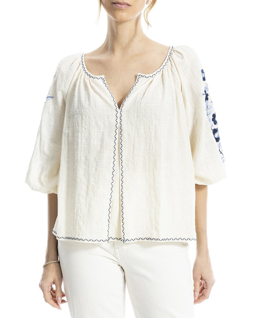 Max Studio womens Embroidered V-Neck Ballon Sleeve Blouse, l, White ...