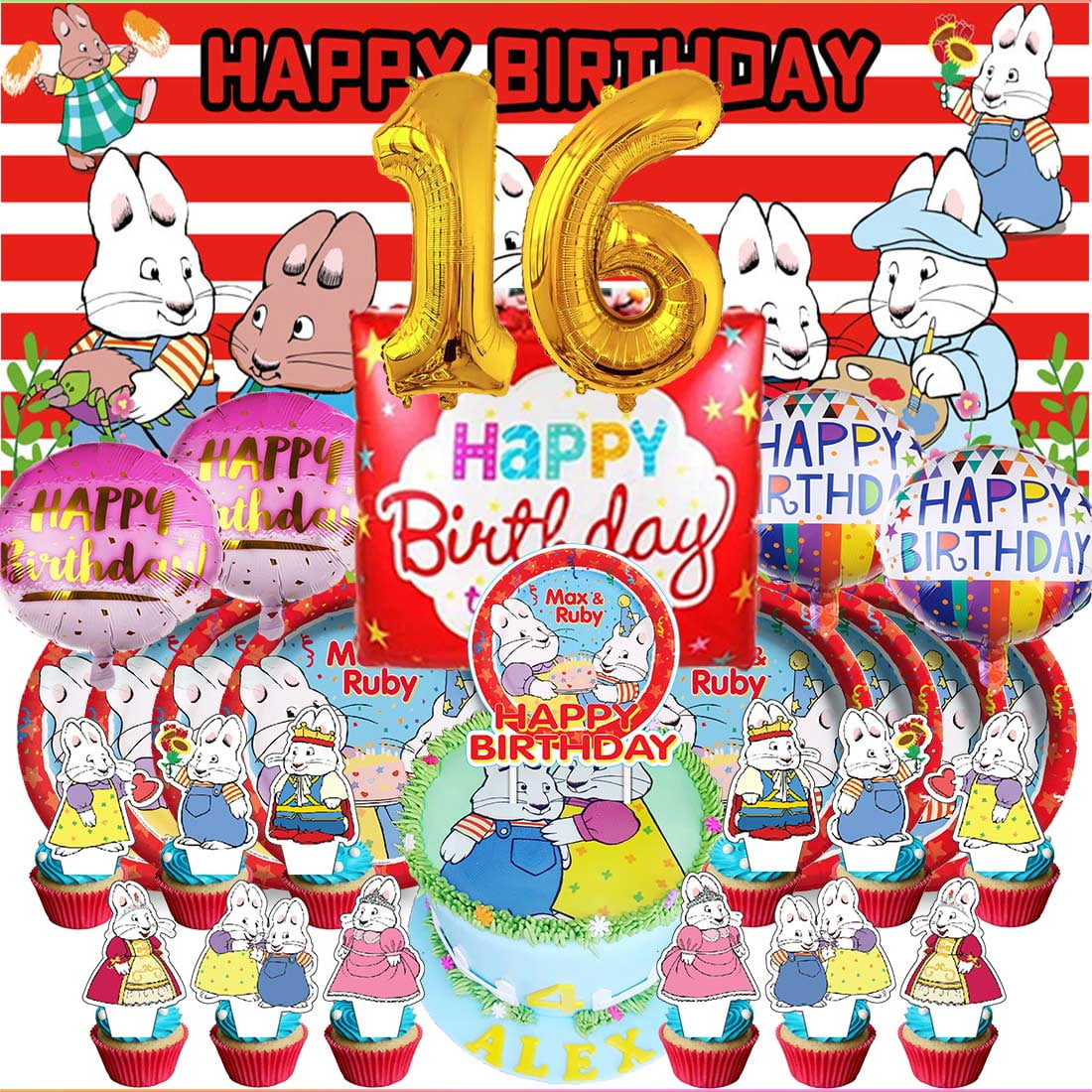 Max and Ruby 16th Tableware Balloons Cake Toppers Backdrop Banner ...