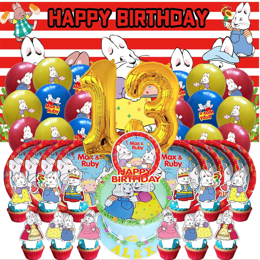 Max and Ruby Balloons Party Supplies 13th Decor Tableware Birthday Cake Topper Decorations ...