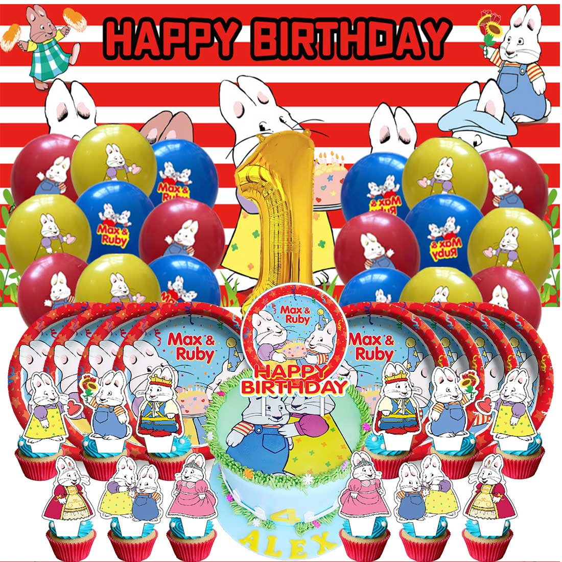 Max and Ruby Balloons Party Supplies 1st Decor Tableware Birthday Cake ...