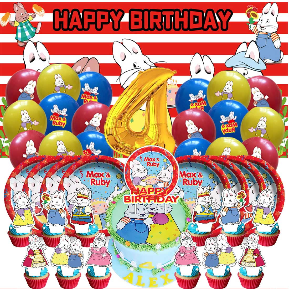 Max and Ruby Balloons Party Supplies 4th Decor Tableware Birthday Cake Topper Decorations Banner ...