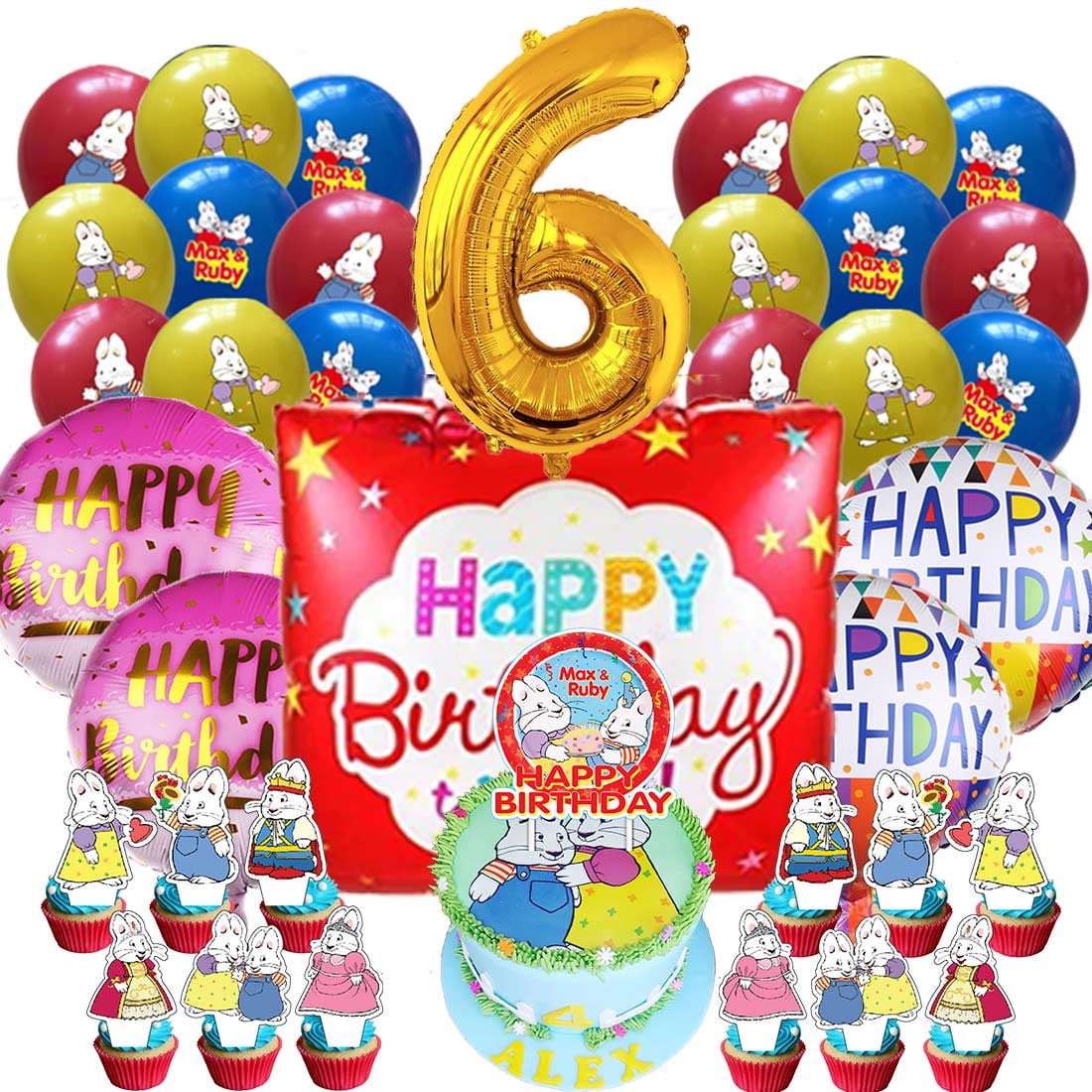 Max and Ruby Party Supplies 6th Decor Kit Balloons Birthday Cake Topper ...