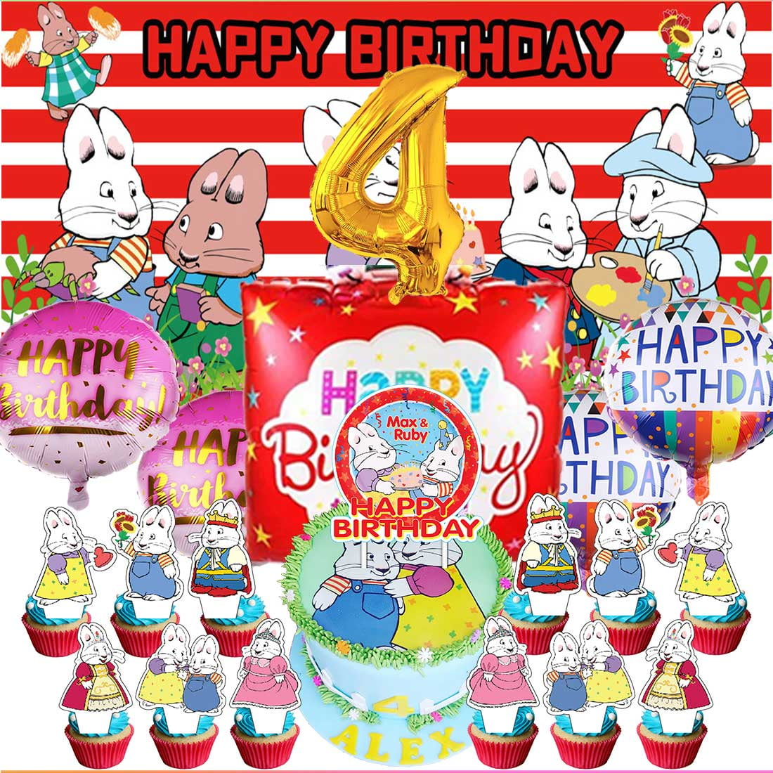 Max and Ruby Party Supplies Decor 4th Kit Balloons Birthday Cake Topper ...