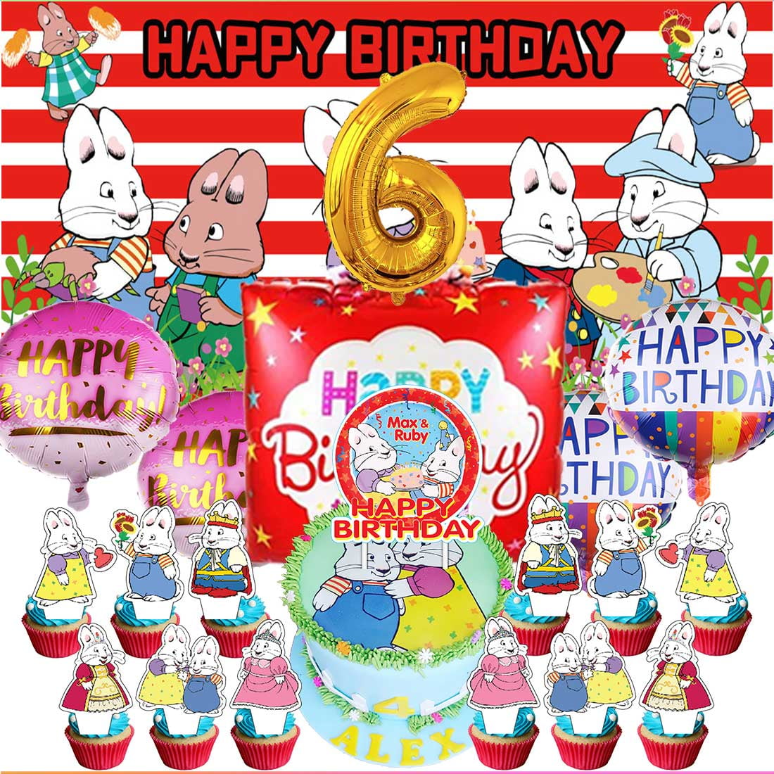 Max and Ruby Party Supplies Decor 6th Kit Balloons Birthday Cake Topper ...