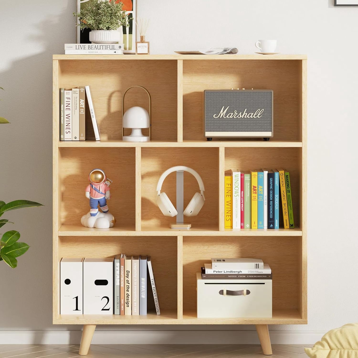 MaxDeals 7 Cube Bookshelf, 3 Tier Mid-Century Modern Bookcase with Legs ...