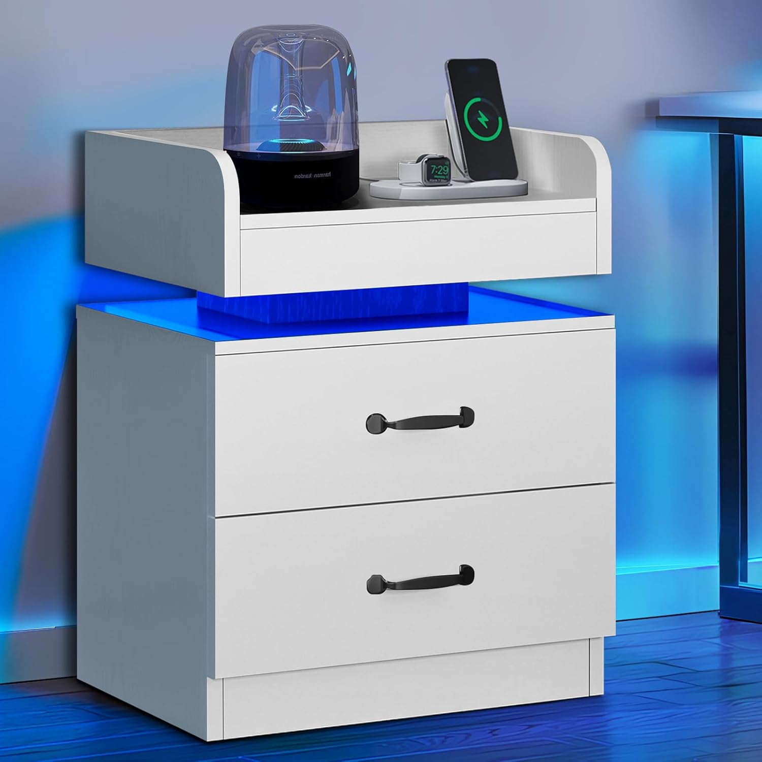 MaxDeals Black Night Stand with LED Light, Bedroom Night Stand with ...