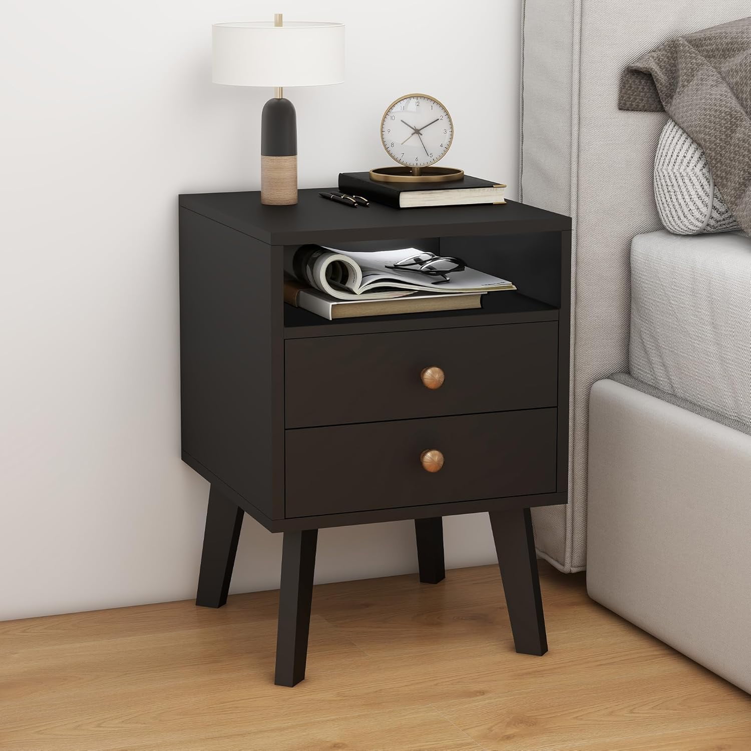 MaxDeals Black Nightstand with 2 Drawers and Open Shelf Wooden Bed Side ...