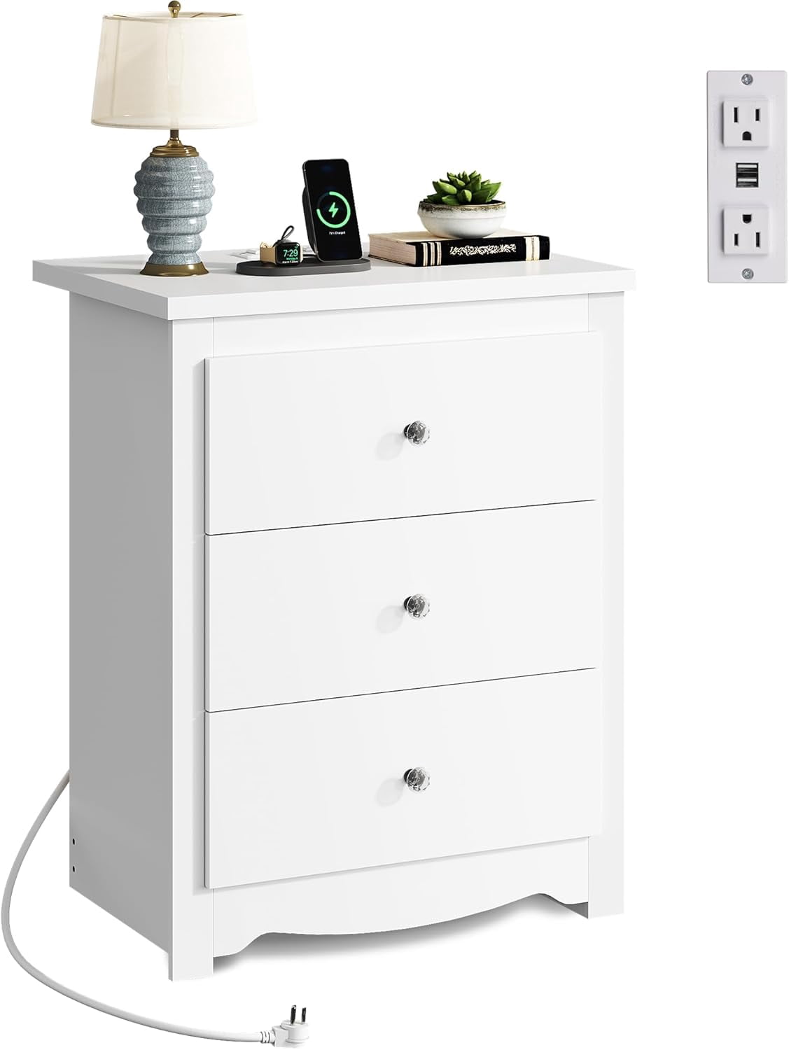 MaxDeals Tall Nightstand with Charging Station, Wood Nightstand with 3 ...