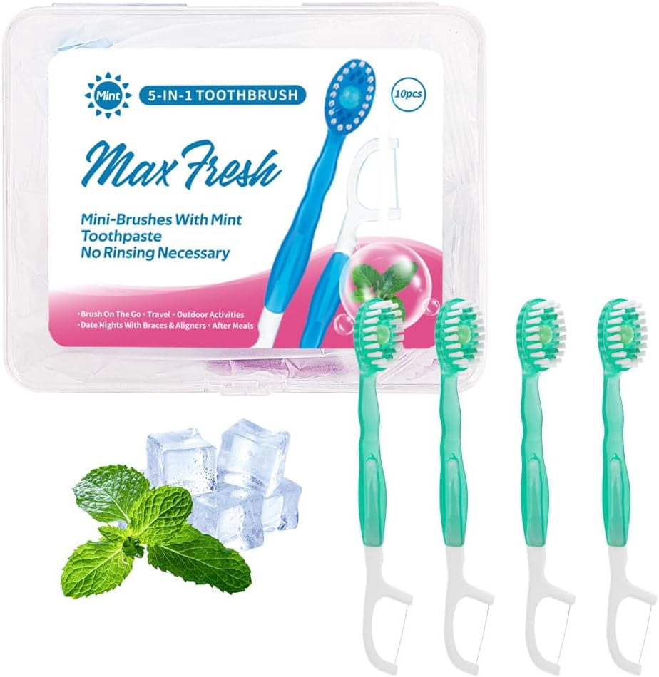 MaxFresh 5-in-1 Mini Toothbrush Set with Mint Toothpaste, No Rinse ...
