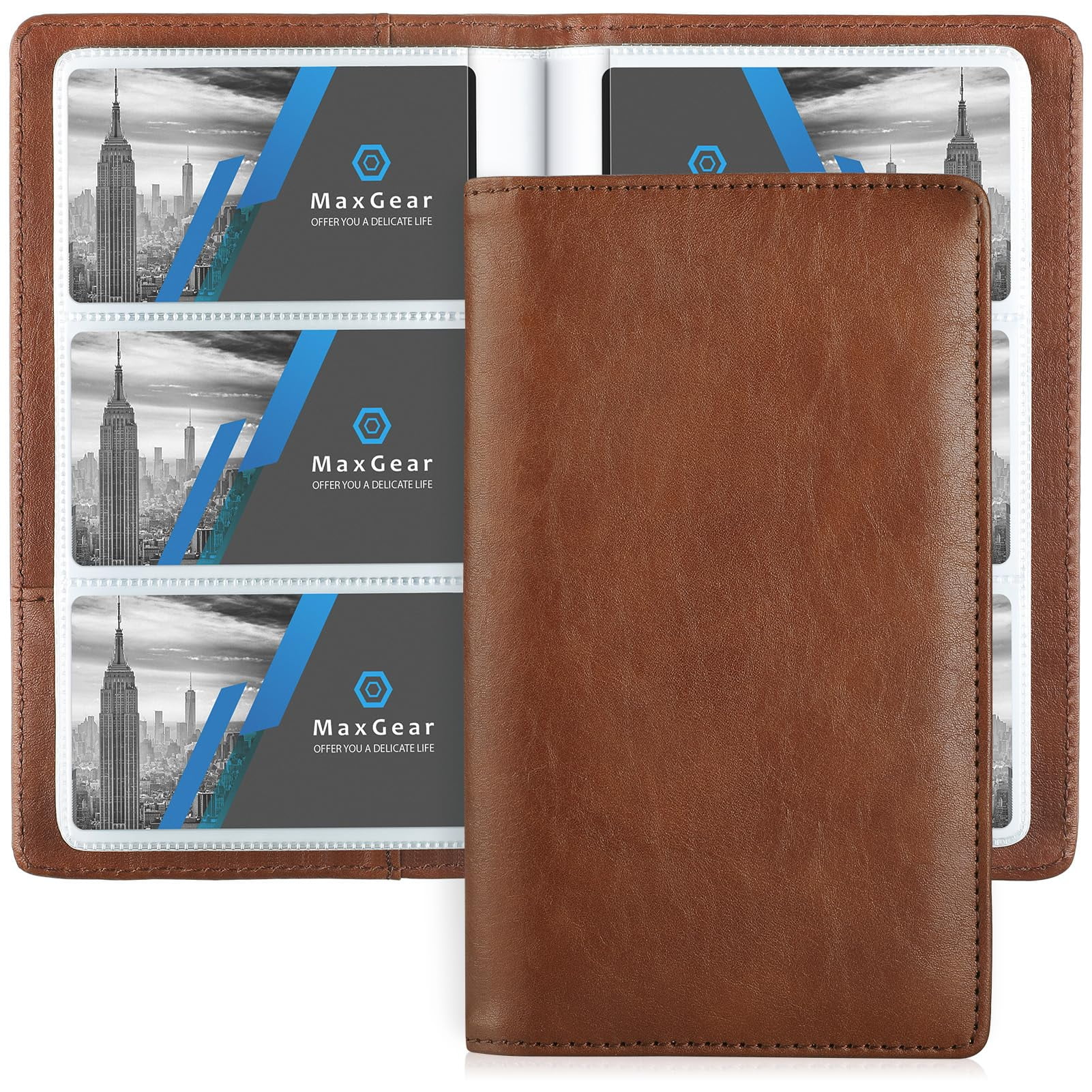 MaxGear 240-Card Business Card Holder, PU Leather Organizer with PVC ...