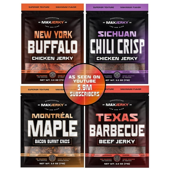 MaxJerky Jerky Variety Pack, Montreal Maple Bacon, Texas BBQ Beef Jerky, New York Buffalo ...