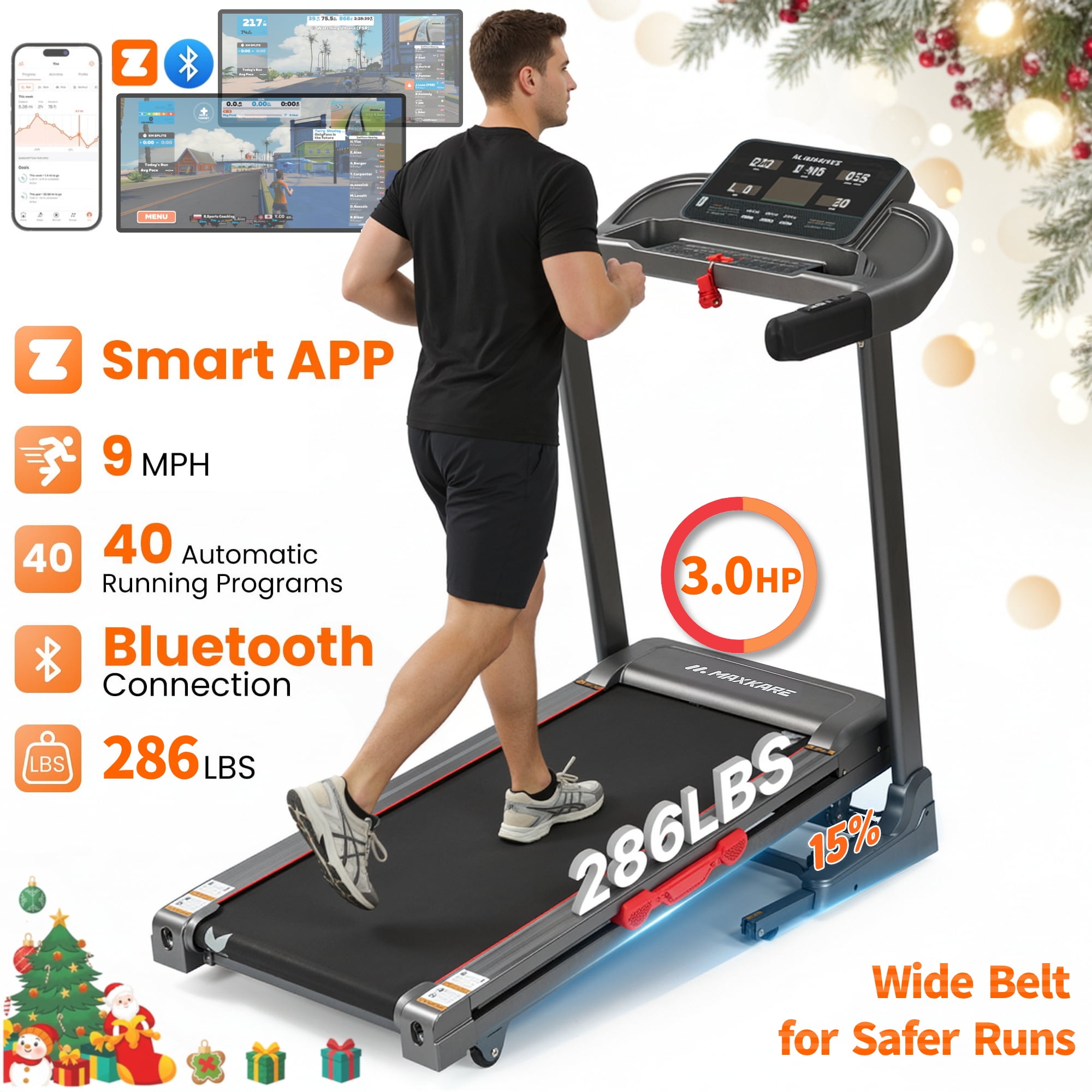 MaxKare 15 Level Auto Incline Treadmill, 3.0HP Folding Treadmill for ...