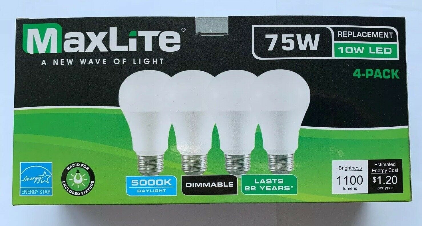 MaxLite LED Dimmable Light Bulbs, 4 Pack, 75W Equivalent, 5000K ...