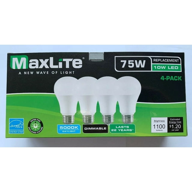MaxLite LED Dimmable 4Pk A19 Bulb 75W Daylight 5000K - Walmart Business ...