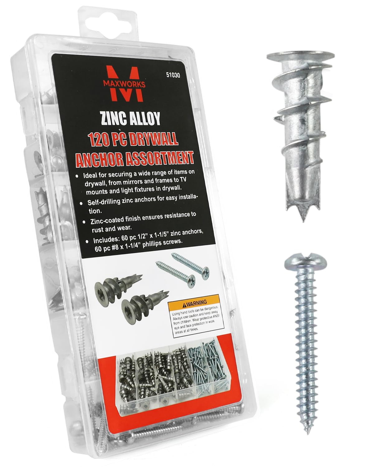 MaxWorks 51030 120 pc Zinc Alloy Drywall Anchor Assortment 1/2" x 1-1/5 ...