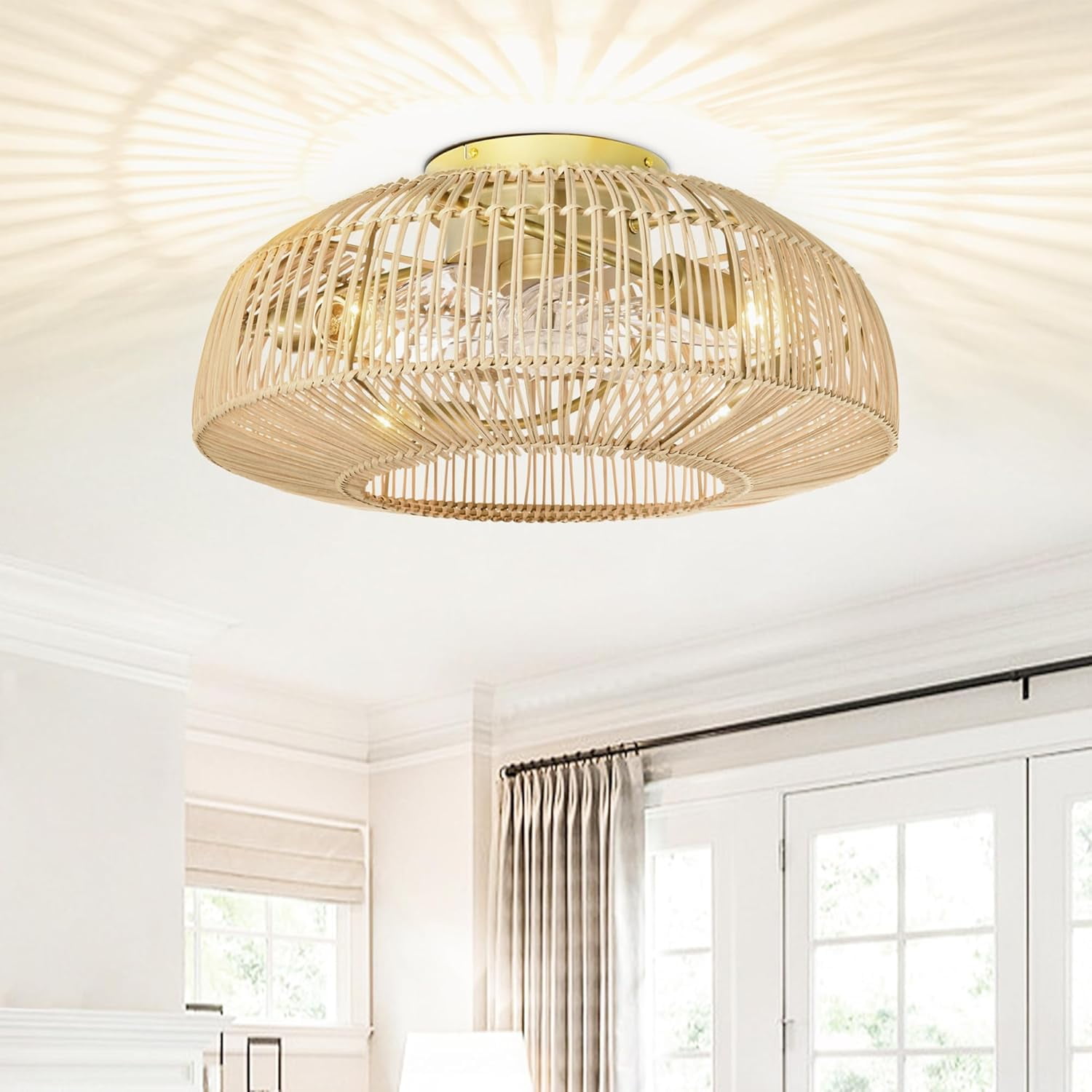 Maxax 20" Boho Caged Ceiling Fan with Lights, Flush Mount Rattan ...