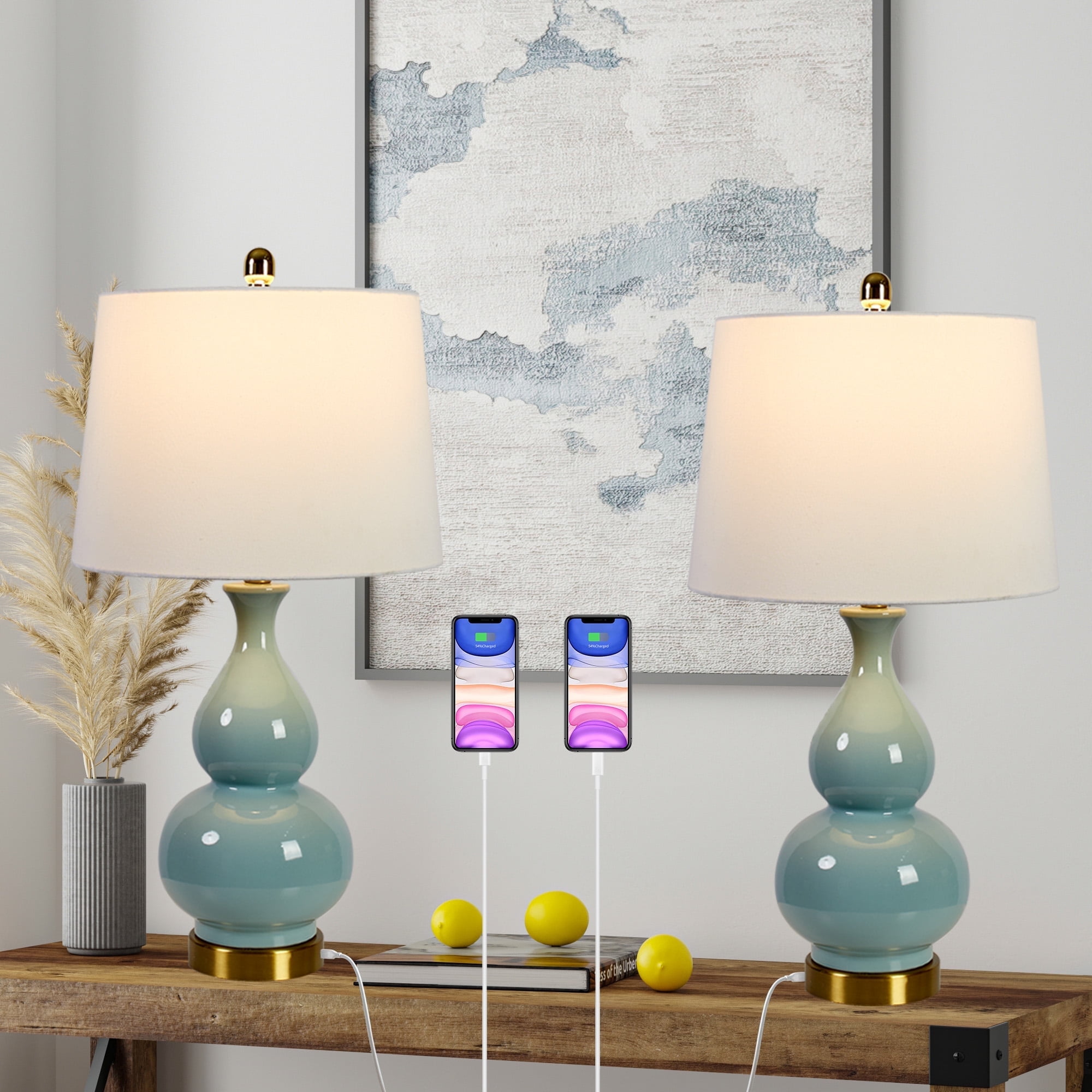 Maxax 26" Blue Ceramic Table Lamps Set of 2 with USB Charging Port, 3 ...