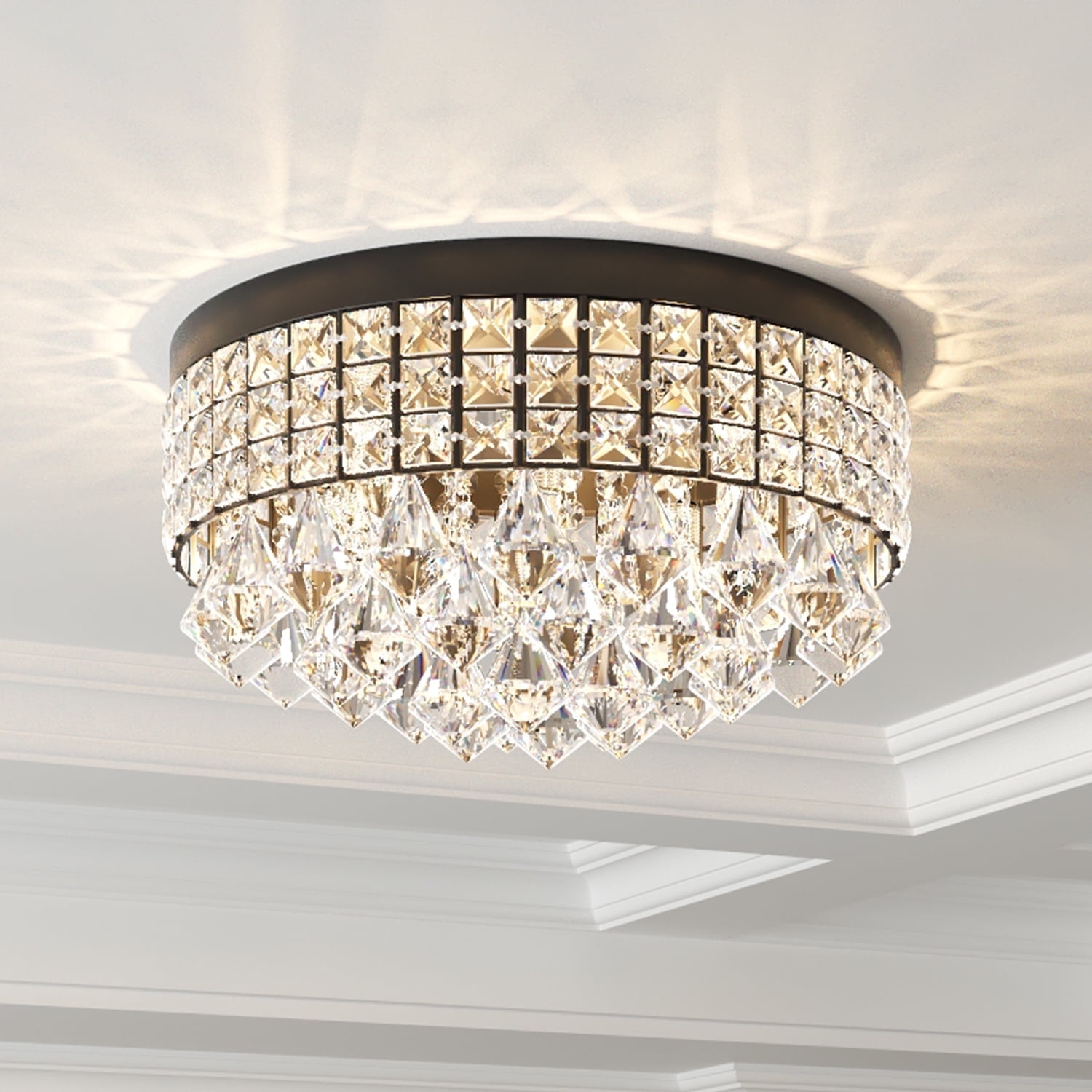 Maxax 4-Light Crystal Chandelier, Flush Mount Drum Ceiling Light with ...