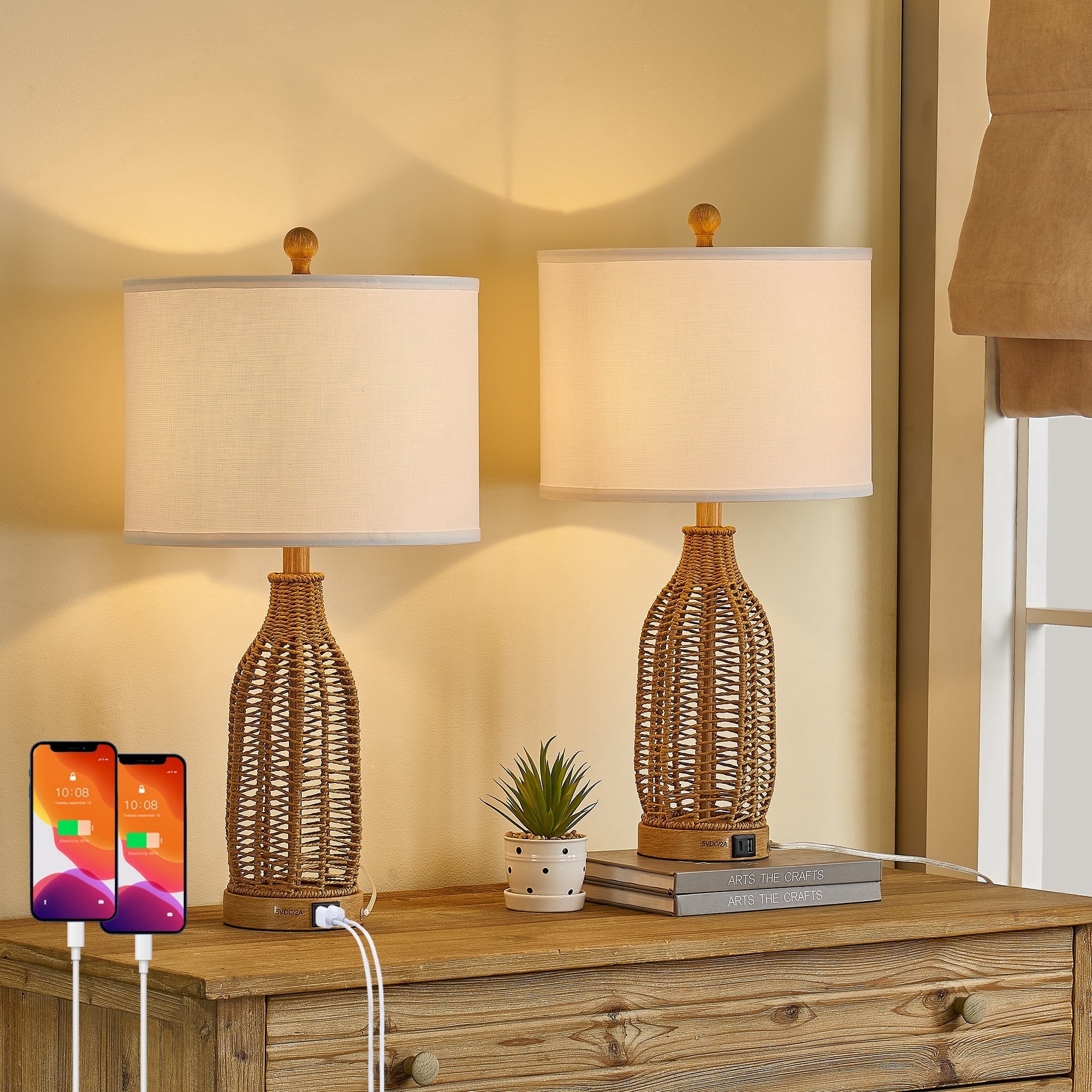 Maxax Farmhouse Rattan Table Lamp for Living Room Bedroom 24.5" Coastal ...