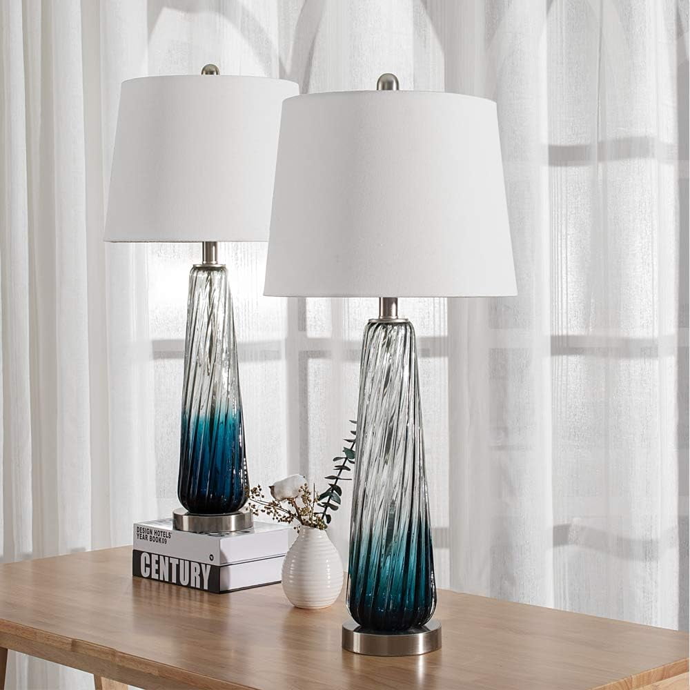 Maxax Glass Table Lamps Set of 2, 3-Way Dimmable Blue Glass Bedside ...