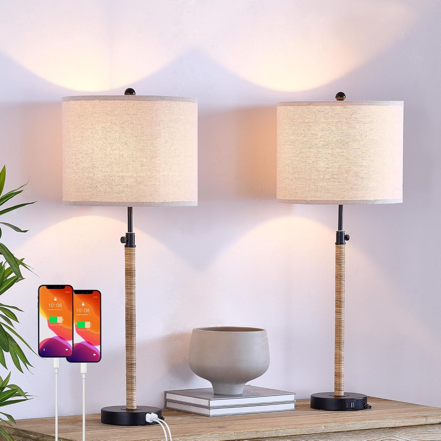 Maxax Rattan Buffet Table Lamp Set of 2 for Living Room, 26" to 33 ...
