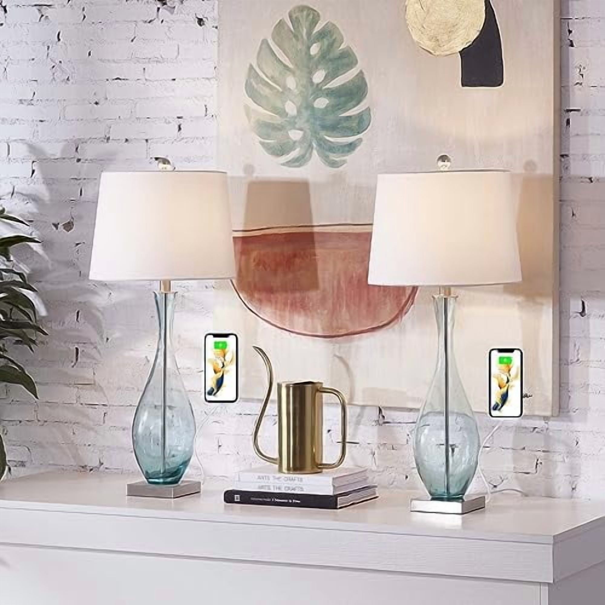 Maxax Traditional Table Lamps Set of 2 with 2A USB Ports, Glass Bedside ...