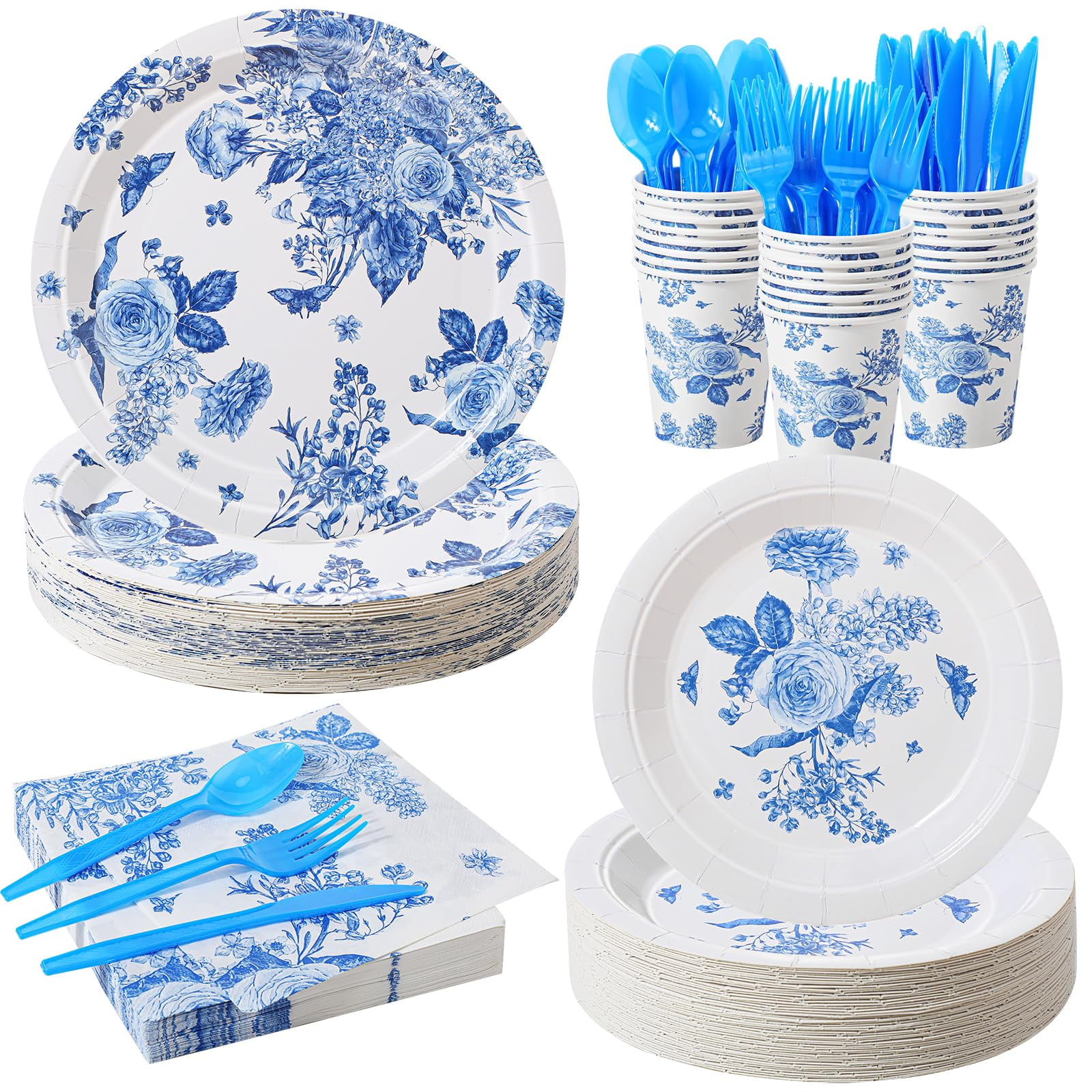 Maxcheck 350 Pcs Blue and White AFN1Flower Party Set Disposable Blue ...