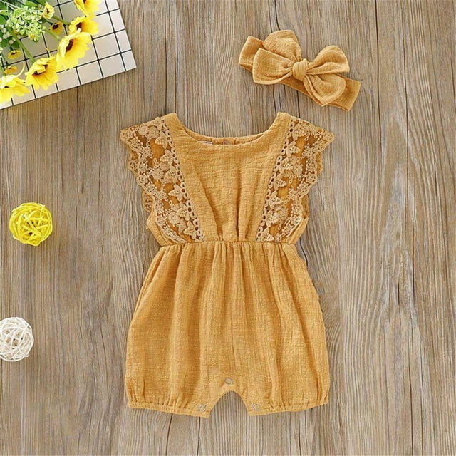 Maxcozy Newborn Infant Baby Girls Outfits Cotton Linen Rompers Solid ...