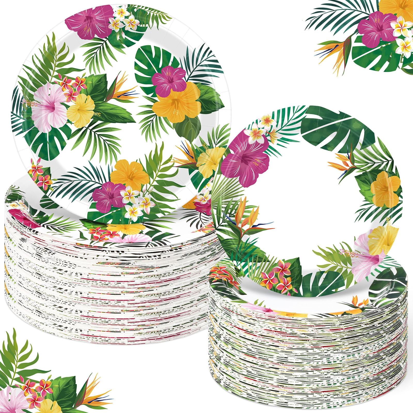 Maxdot 100 Pack Hawaiian Luau Paper AFN1Plates Aloha Palm Leaves 9" & 7 ...