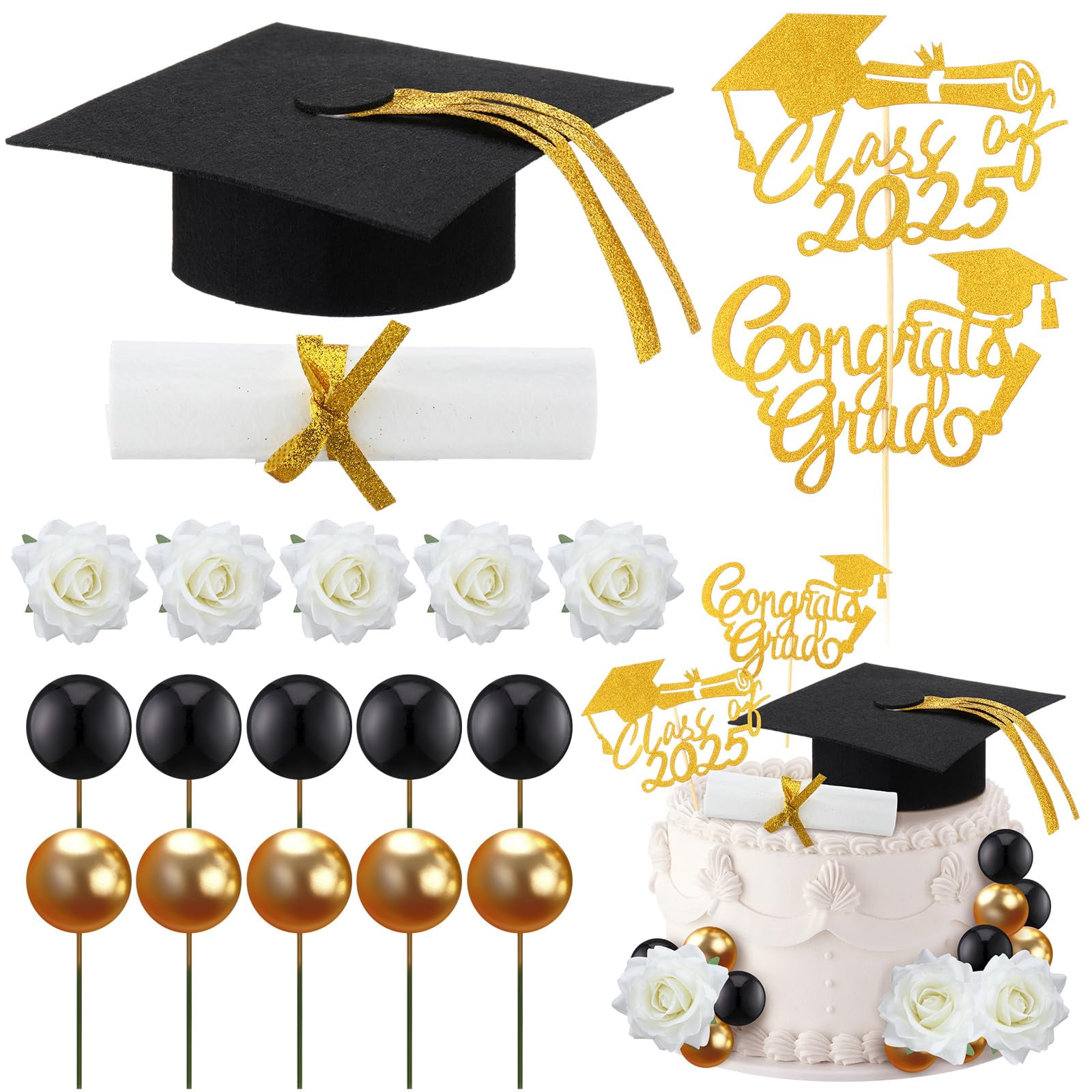 Maxdot 29 Pcs Graduation Cake Toppers RST1 Kit Included Grad Cap ...