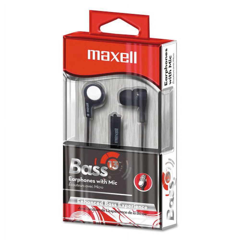 Maxell B-13 Bass Earbuds with Microphone, 52" Cord, Black, Each ...