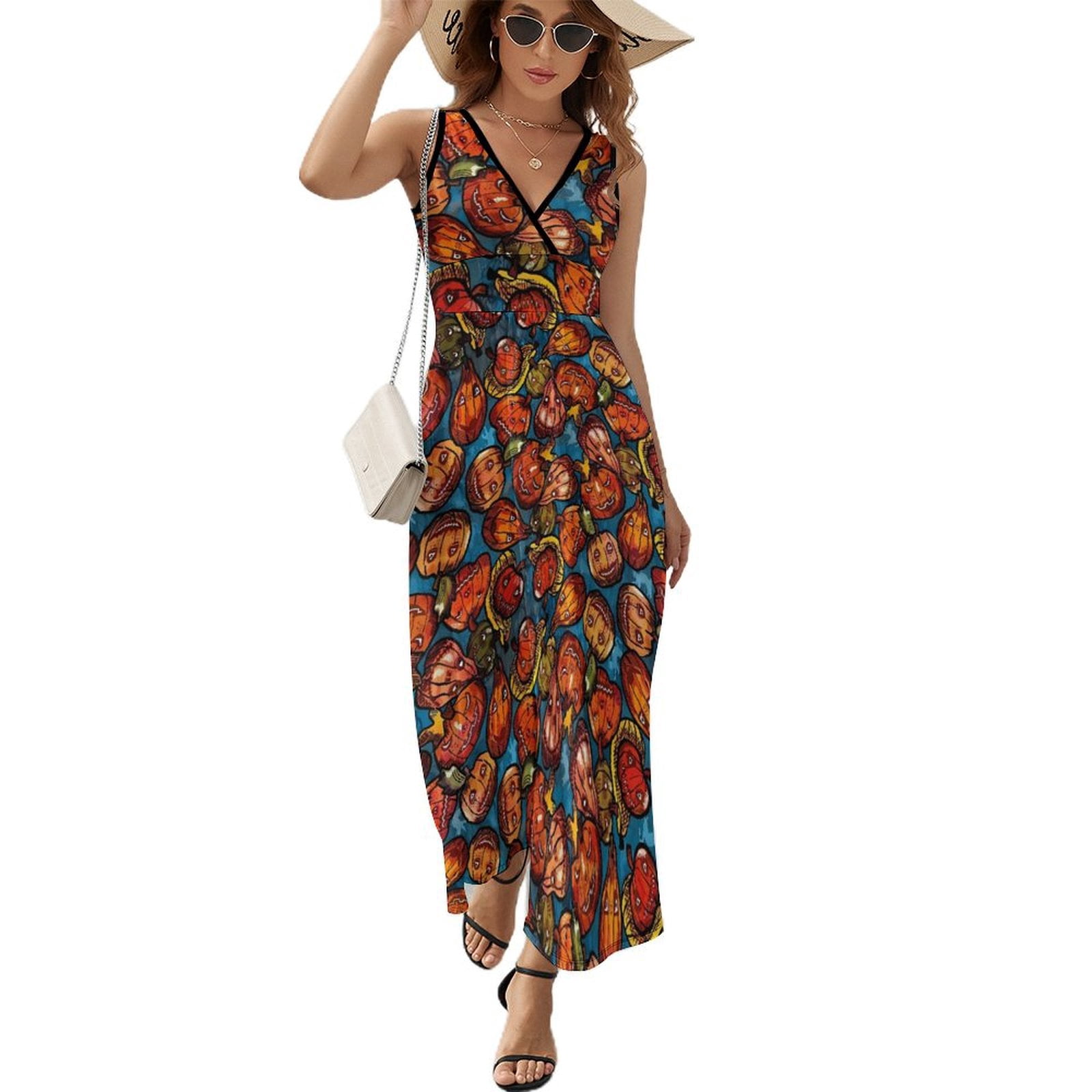 Maxi Dress Stained Glass Pumpkins Dress Summer Blue And Oranger ...