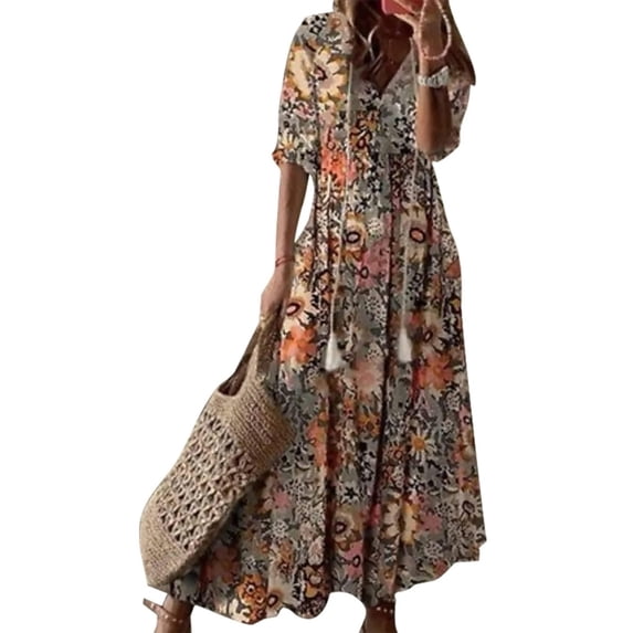 Maxi Dress for Women Floral Print Ruffle Short Sleeve Dress Flowy V ...