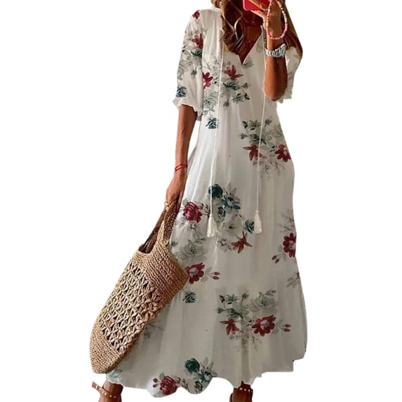 Maxi Dress for Women Floral Print Ruffle Short Sleeve Dress Flowy V ...
