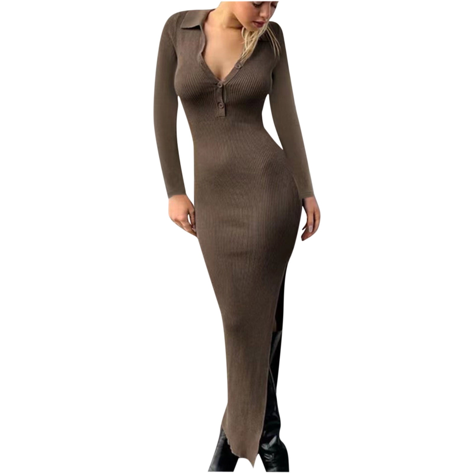 Maxi Dress for Women Long Sleeve Dress Button Lapel Slim Ribbed ...